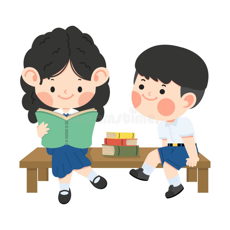 Kids Sitting on a Bench Reading Books Stock Vector - Illustration of ...