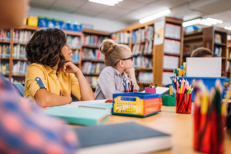 Adorable Little Kids Sitting at Desk Stock Image - Image of educational ...