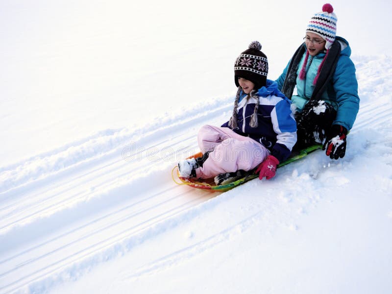 Kids Sledding Down Snow Hill on Sled Fast Speed Stock Image - Image of ...