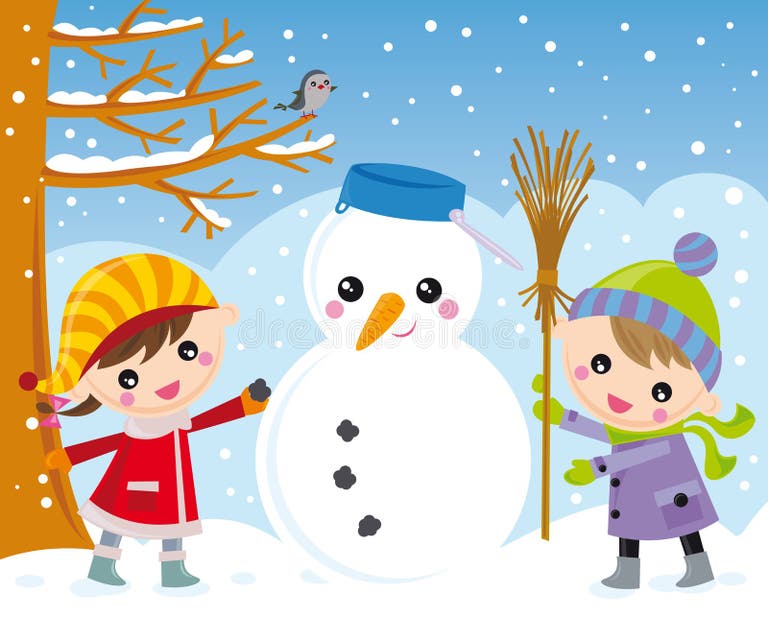Kids and snowman stock vector. Illustration of snow, family - 7357441