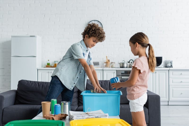Kids Sorting Garbage Near Basket in Stock Photo - Image of sorting ...
