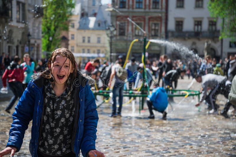Kids Splash Each Other at Water Day Editorial Stock Photo - Image of ...