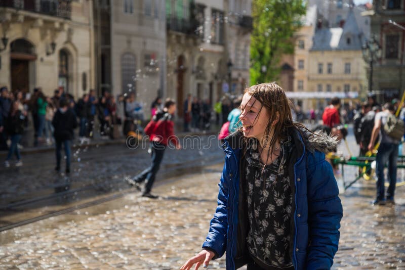 Kids Splash Each Other at Water Day Editorial Photo - Image of happy ...