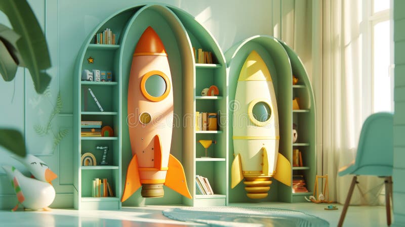 Kids Storage System in Form of Rocket. Creative Interior Toys and Books ...