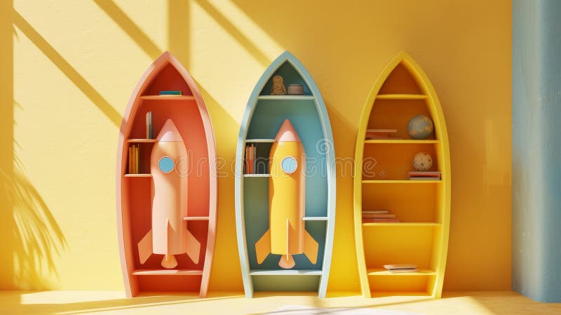 Kids Storage System in Form of Rocket. Creative Interior Toys and Books ...