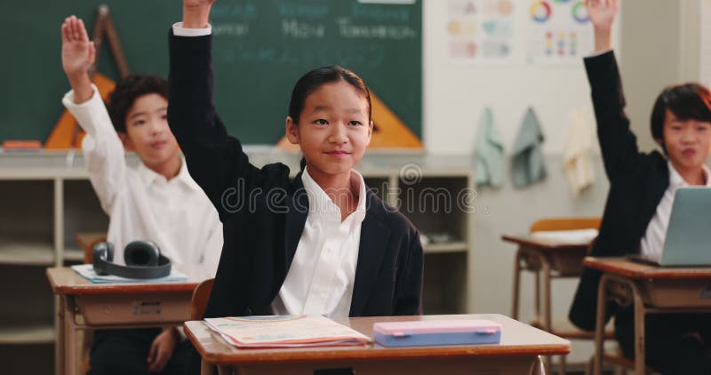 Kids, Students and Hands for Answer in Class, Feedback and Girl Talking ...