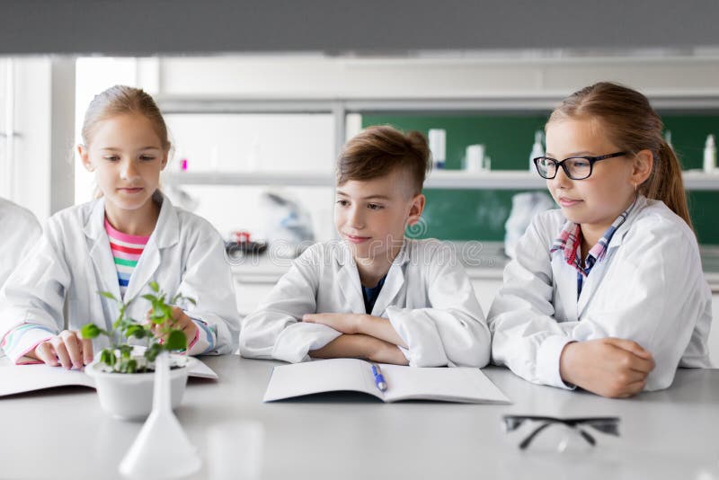 Kids or Students with Plant at Biology Class Stock Photo - Image of ...