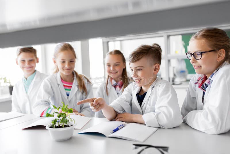 Kids or Students with Plant at Biology Class Stock Photo - Image of ...
