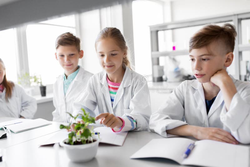 Kids or Students with Plant at Biology Class Stock Photo - Image of ...