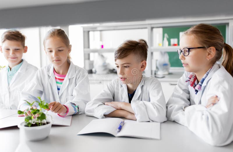 Kids or Students with Plant at Biology Class Stock Image - Image of ...