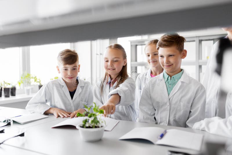 Kids or Students with Plant at Biology Class Stock Photo - Image of ...