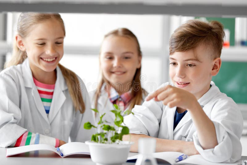 Kids or Students with Plant at Biology Class Stock Photo - Image of ...