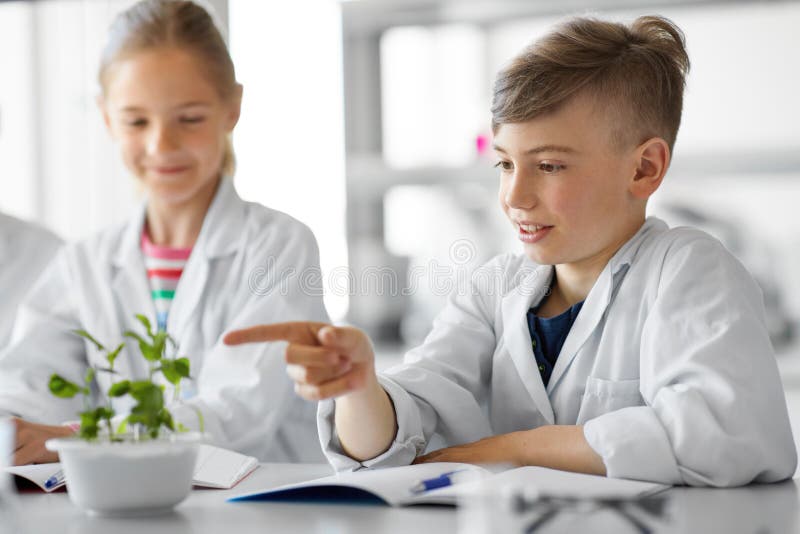 Kids or Students with Plant at Biology Class Stock Image - Image of ...