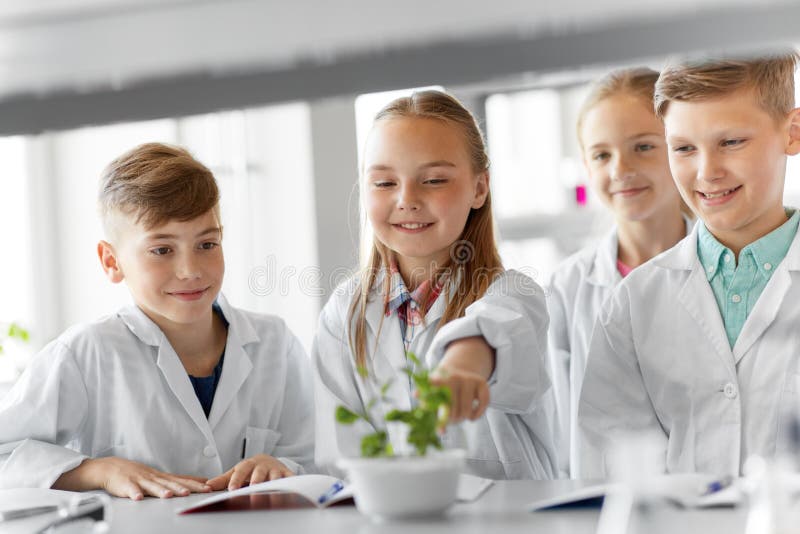 Kids or Students with Plant at Biology Class Stock Photo - Image of ...