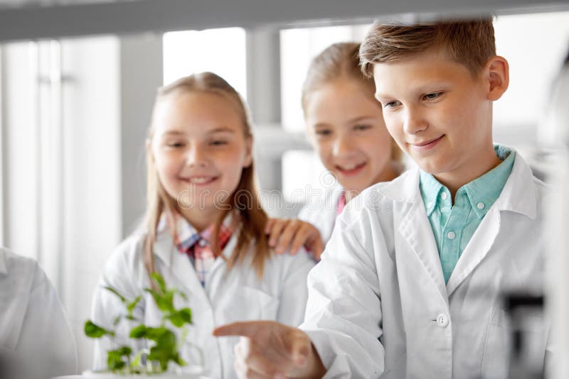 Kids or Students with Plant at Biology Class Stock Image - Image of ...