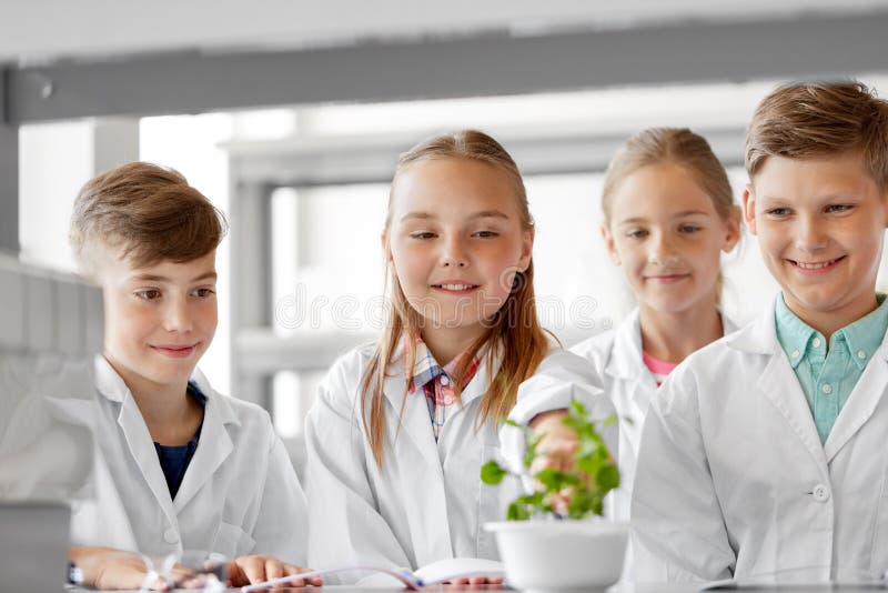 Kids or Students with Plant at Biology Class Stock Image - Image of ...