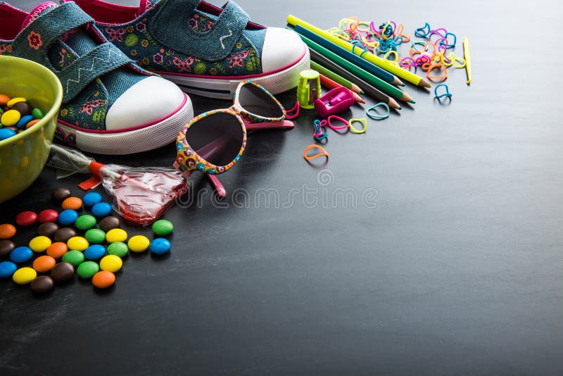 Kids stuff and sweets stock photo. Image of baby, drawing - 66125714