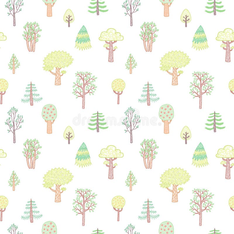 Kids Style Drawing Doodle Trees Vector Seamless Pattern Stock Vector ...