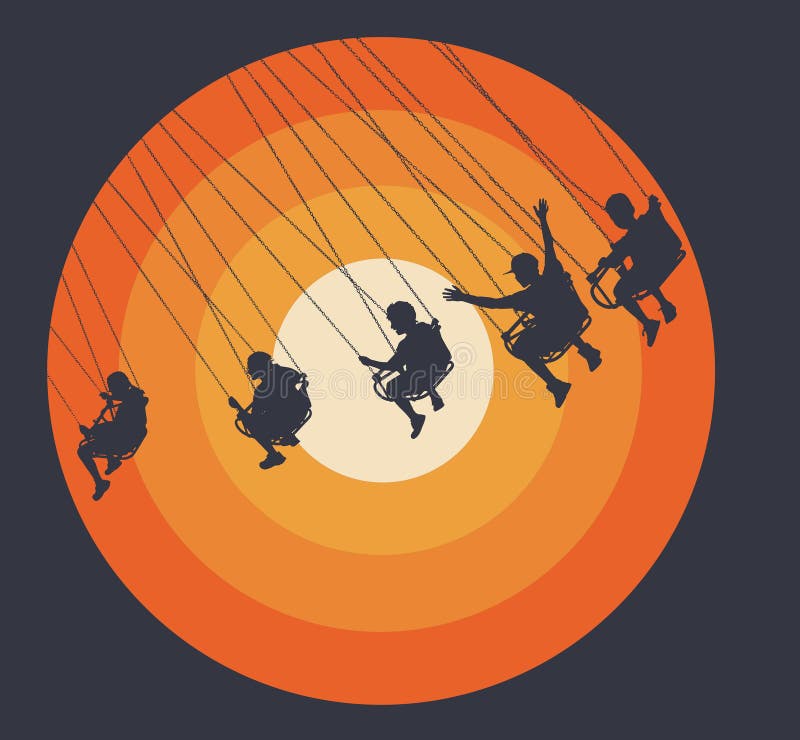 Kids Swing on a Carnival Ride in Front of a Graphic Image of a Setting ...