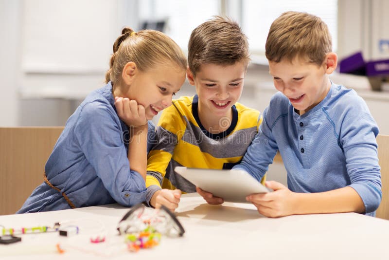 Kids with Tablet Pc Programming at Robotics School Stock Photo - Image ...