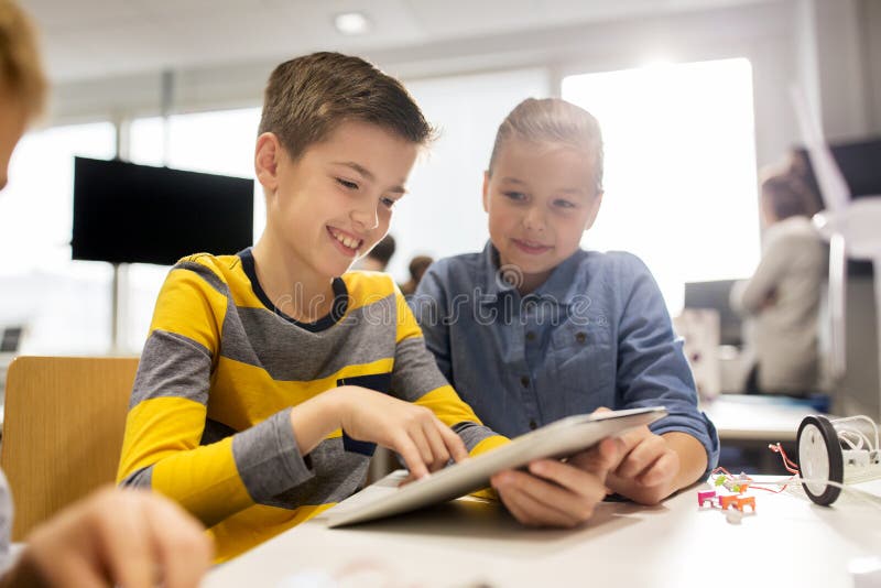 Kids with Tablet Pc Programming at Robotics School Stock Photo - Image ...