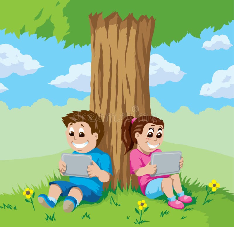 Kids with Tablets Under a Tree Stock Illustration - Illustration of ...