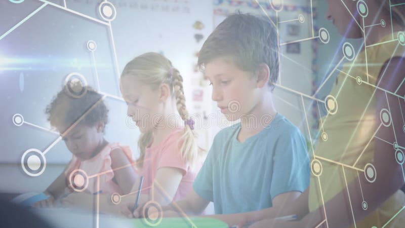 Kids Tapping Tablets and Using Stylus in Classroom, Pulsing Transparent ...