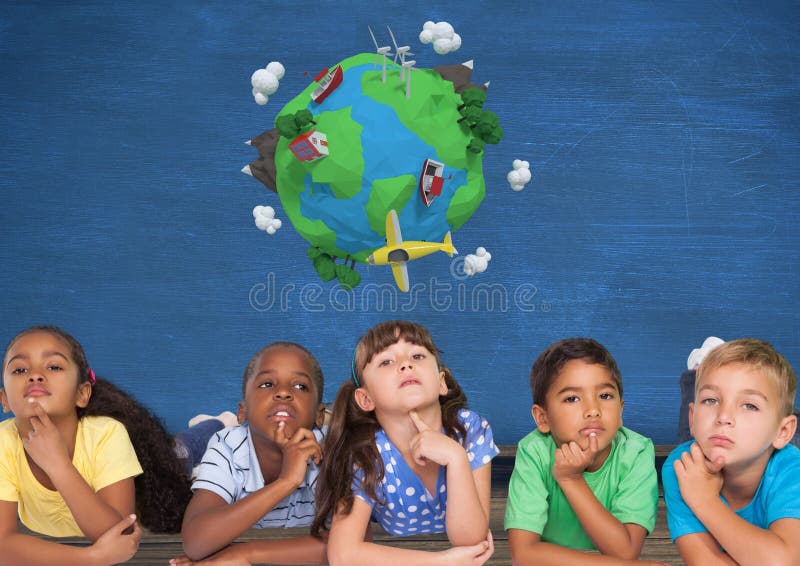 Kids Thinking Together and Blue Wall with Planet Earth World Stock ...