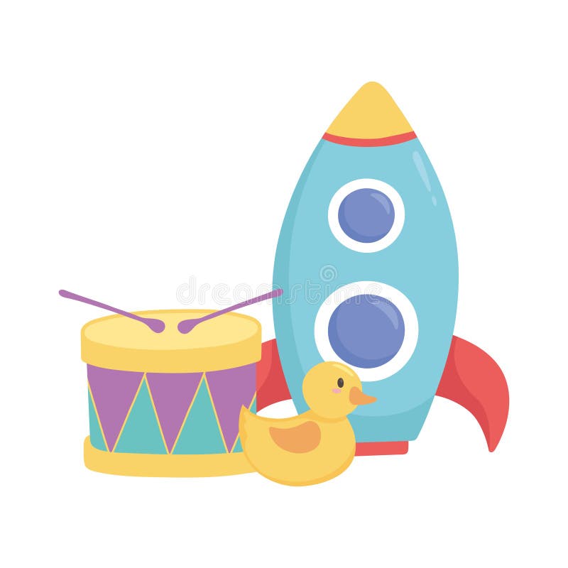 Kids Toys Rocket Duck and Drum Object Amusing Cartoon Stock Vector ...