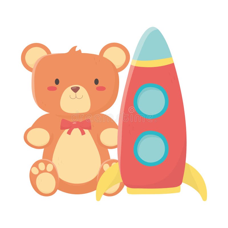 Kids Toys Teddy Bear and Rocket Object Amusing Cartoon Stock Vector ...