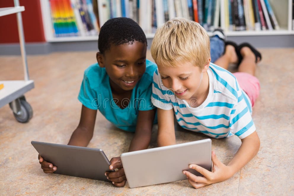 Kids Using Digital Tablet in Library Stock Image - Image of knowledge ...