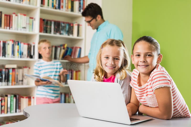 Kids Using Laptop in Library Stock Photo - Image of academic, clothing ...