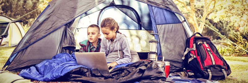 Kids Using Laptop in the Tent Stock Image - Image of electronic ...