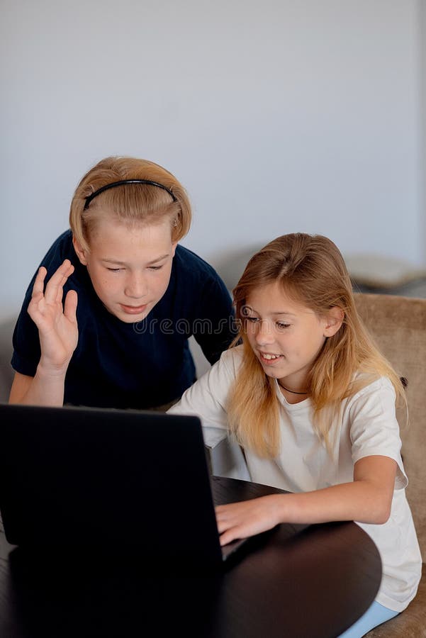 Kids Using Technology. Teens Video Calling on Pc Laptop. Happy Students ...