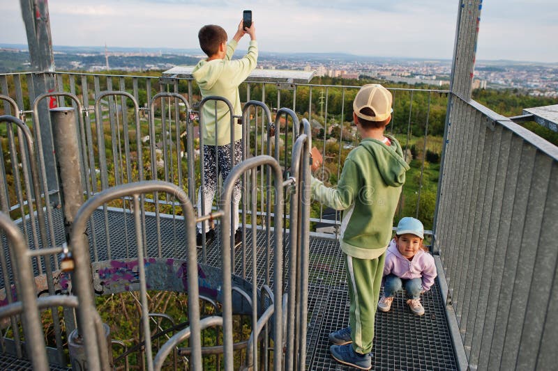 Kids at Viewing Tower. Watchtower during Sunset Stock Image - Image of ...