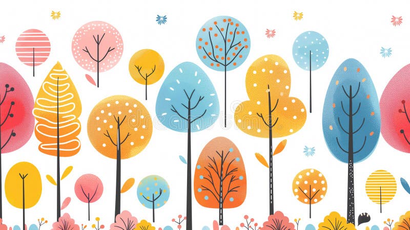Kids Wallpaper with Simple Flat Designed Colourful Trees on White ...