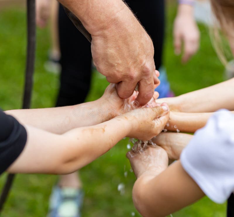 Kids Washing Hands with Water House Outdoors Stock Image - Image of ...