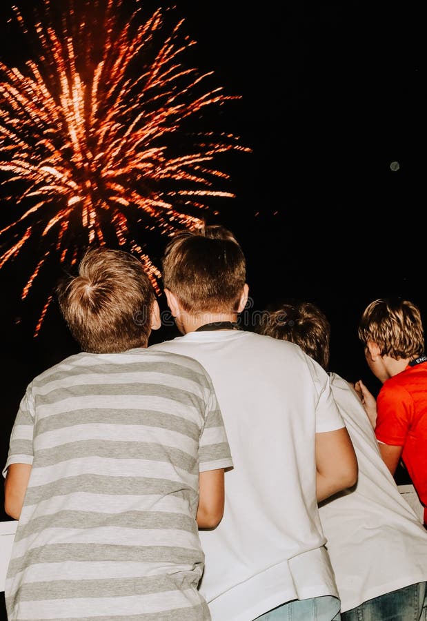 Kids Watching Fireworks Colorful Boys Backs Editorial Stock Image ...