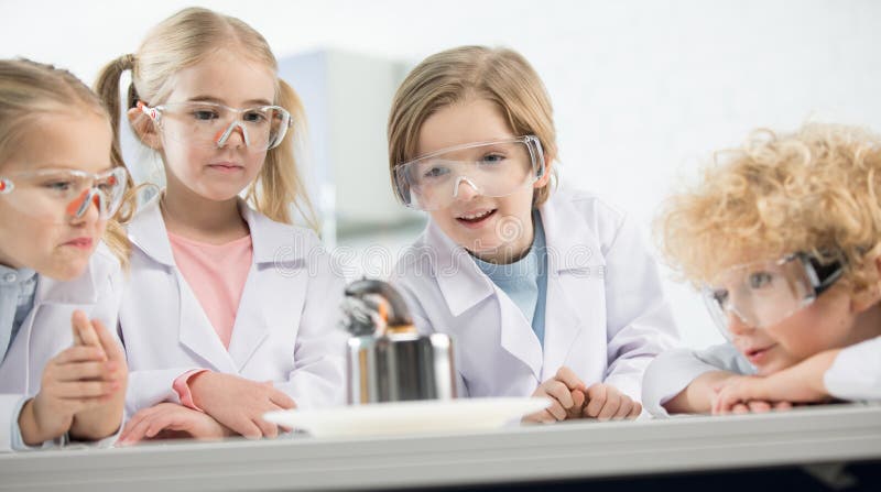 Kids Wearing Protective Glasses in Science Laboratory Stock Image ...