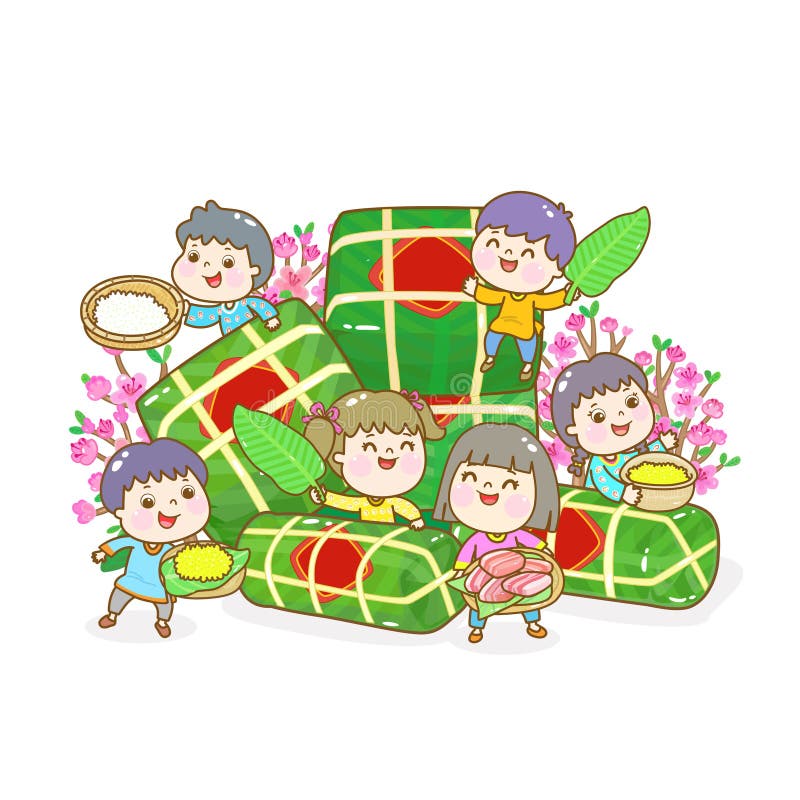 Kids with Banh Chung for Tet Celebration Stock Vector - Illustration of ...