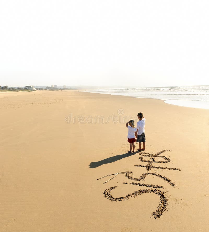 Kids writing in sand stock photo. Image of little, joyful - 15822924