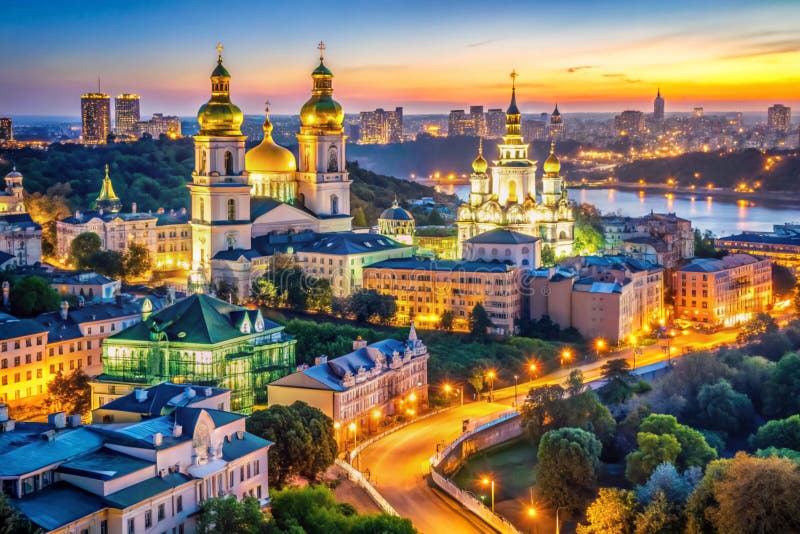 Kiev City Night View with Illuminated Skyline Stock Illustration ...