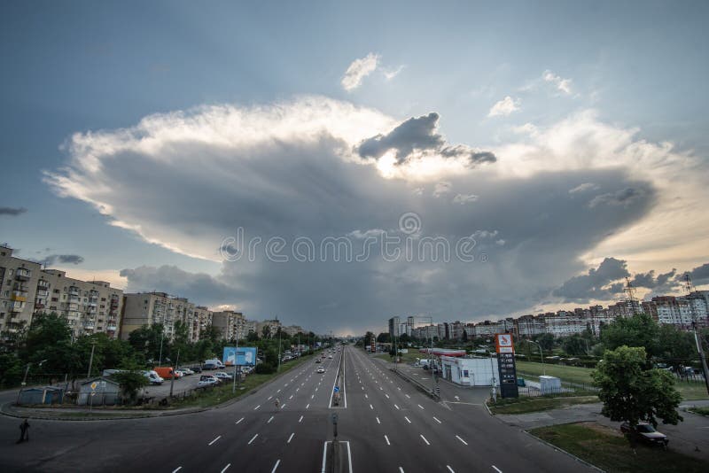KIEV, UKRAINE - JUNE 21, 2020: Large Storm Rain Cloud Over the Highway ...