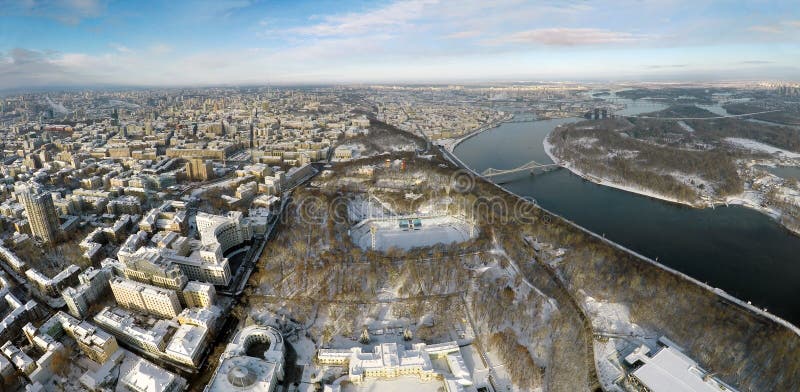 Kiev winter, aerial view stock image. Image of dnieper - 81937561