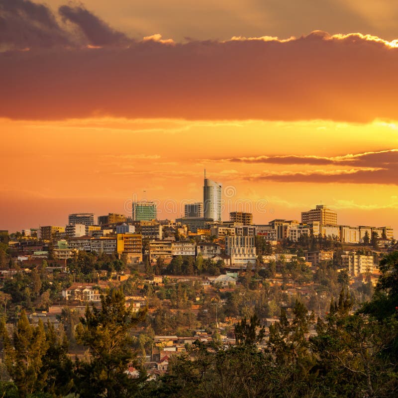 Kigali Downtown Skyscraper on Top of the Hill at Dusk Stock Photo ...