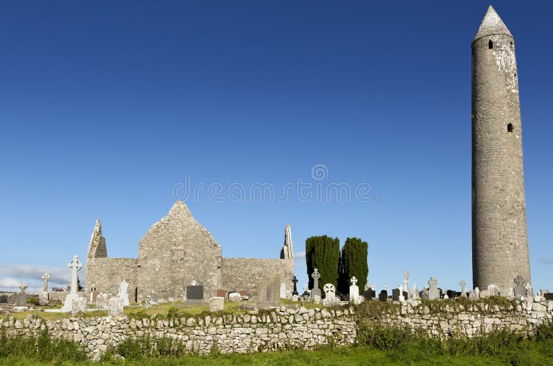 Kilmacduagh Monastery with Stone Tower in Ireland. Stock Image - Image ...