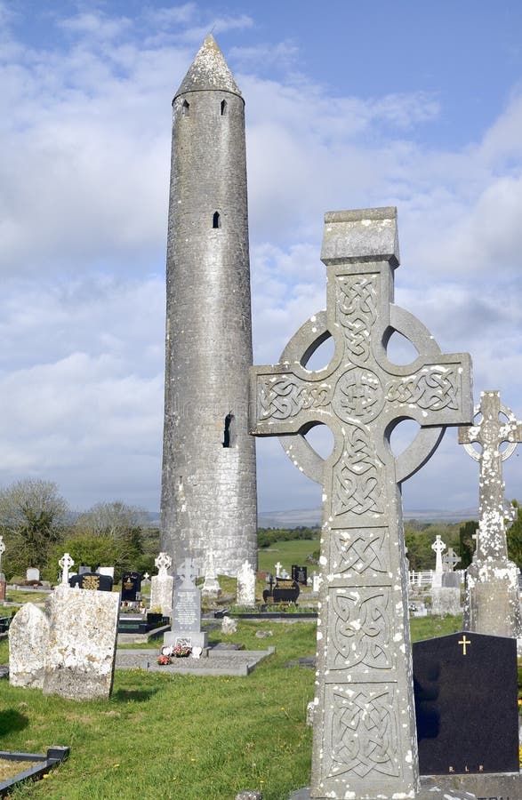 Kilmacduagh Monastery with Stone Tower in Ireland. Stock Image - Image ...