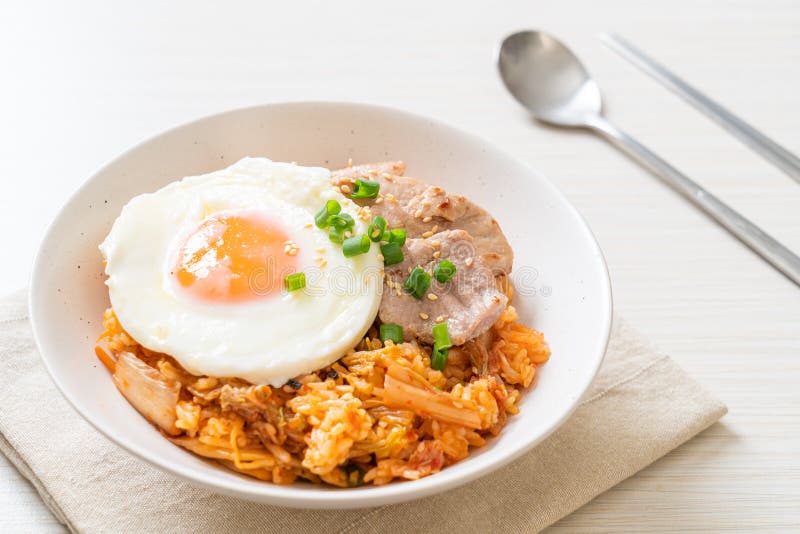 Kimchi Fried Rice with Pork and Topped Cheese Stock Photo - Image of ...