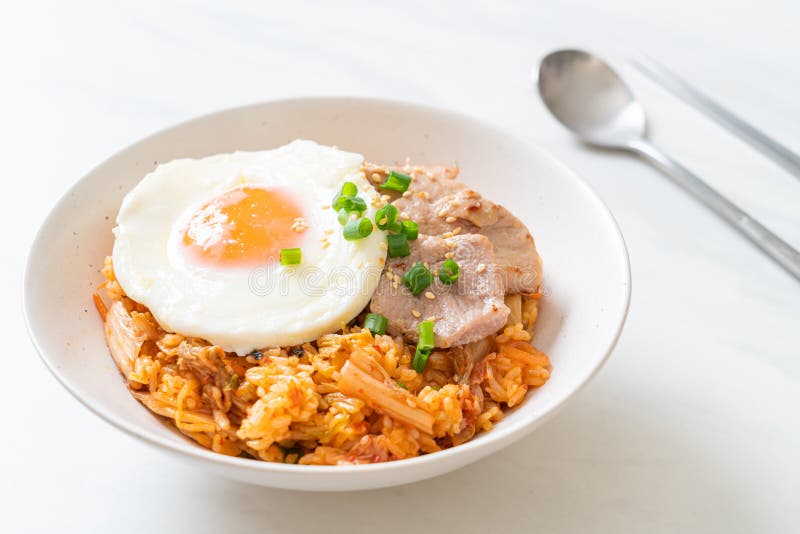 Kimchi Fried Rice with Pork and Topped Cheese Stock Photo - Image of ...