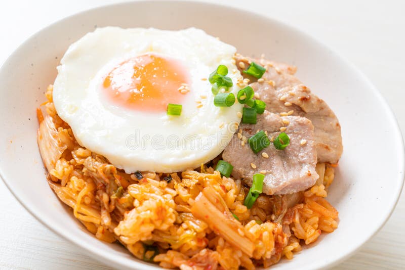Kimchi Fried Rice with Pork and Topped Cheese Stock Photo - Image of ...